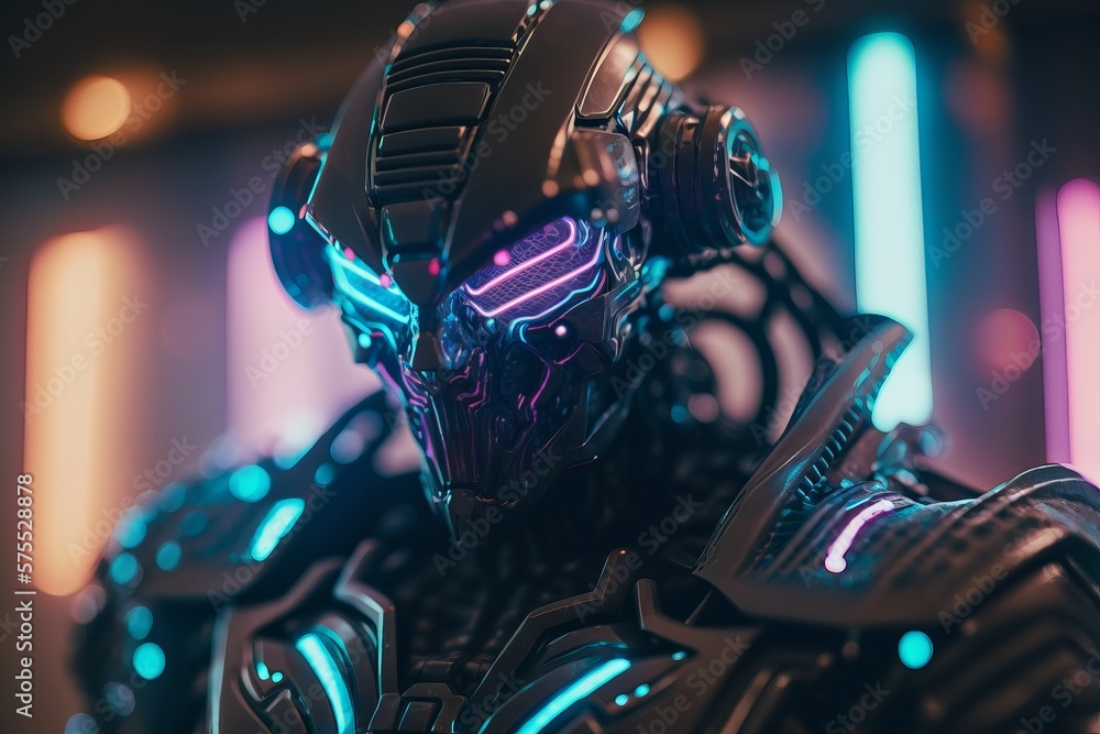 Metal robot, cyborg with neon inserts and increasing roboticization has ...