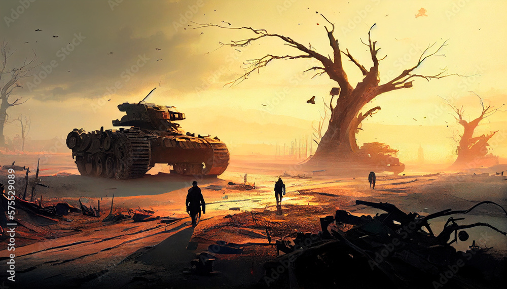 Military tanks and dead trees of a devastated war. Generative AI Stock ...