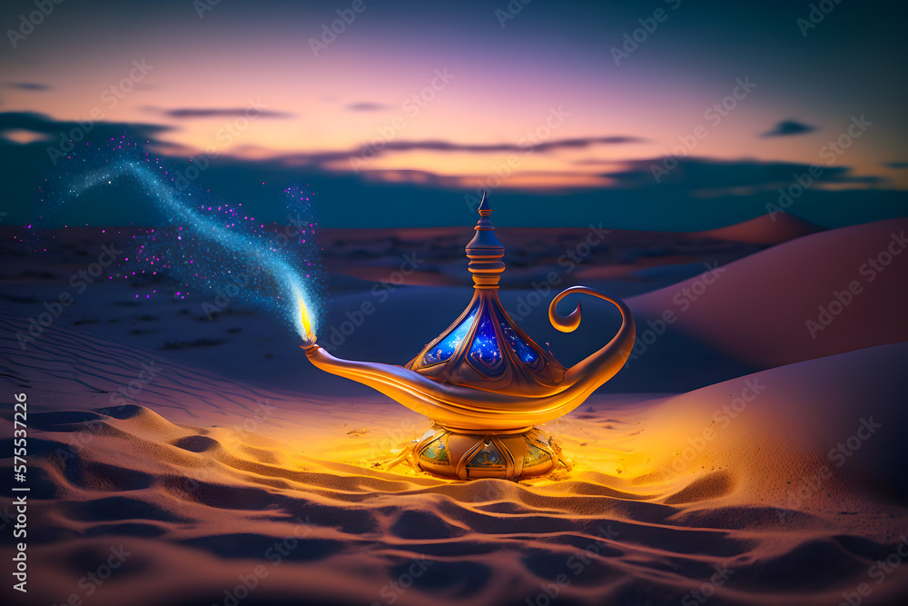 Lamp of wishes on sand in desert genie coming out of the bottle ...