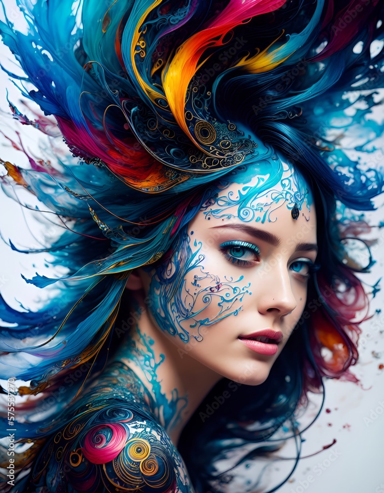 Colorful beautiful woman, watercolor art with ink flow, beautiful color ...