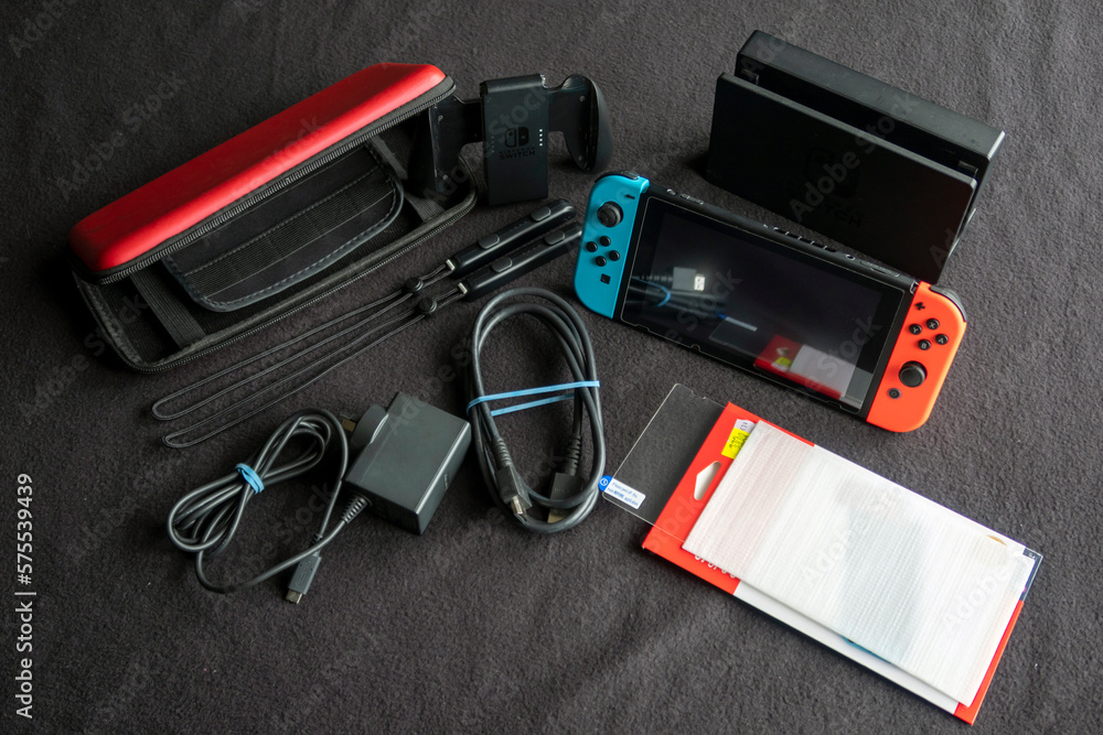 Nintendo Switch Box and control with display, box and stand Stock Photo ...
