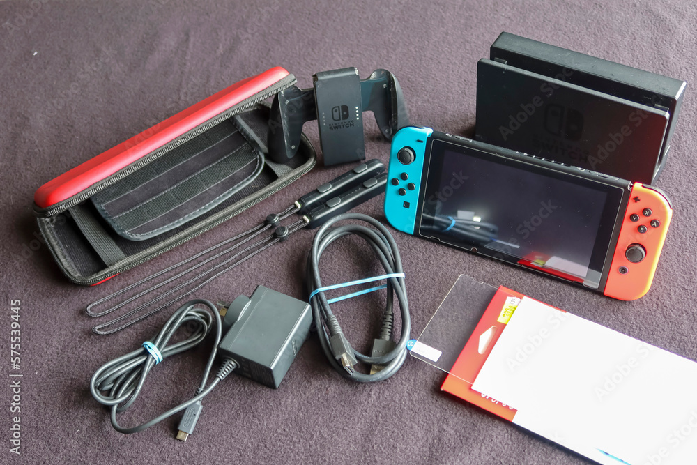 Nintendo Switch Box and control with display, box and stand Stock Photo ...