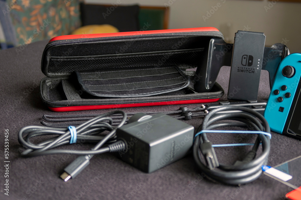 Nintendo Switch Box and control with display, box and stand Stock Photo ...