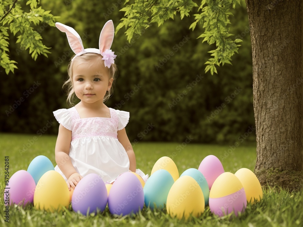 A Little Girl Celebrating Easter with Colorful Easter Eggs and Cheerful ...