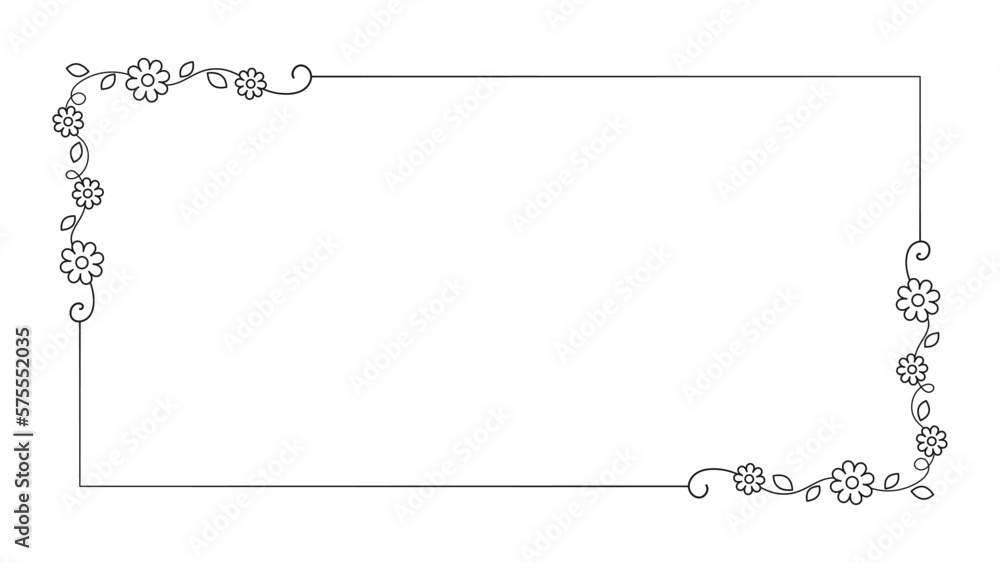 Floral rectangle frame. Hand drawn line border, leaves and flowers ...