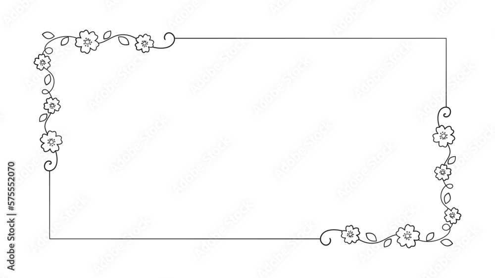 Floral rectangle frame. Hand drawn line border, leaves and flowers ...