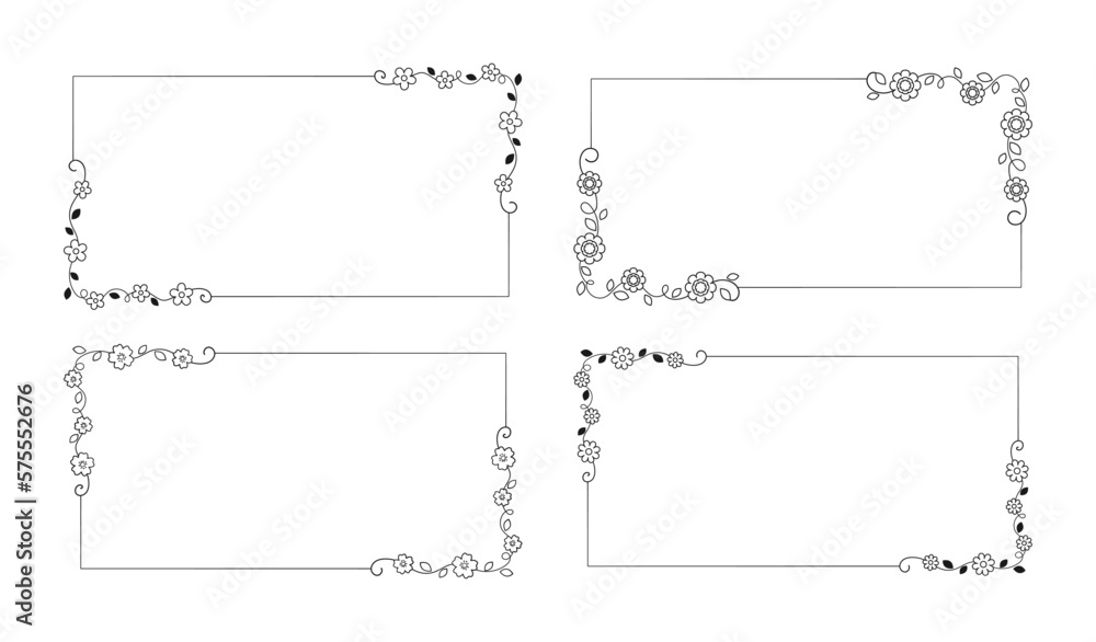 Floral rectangle frame set. Hand drawn line border, leaves and flowers ...