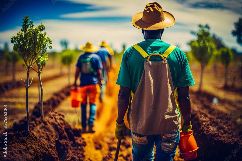 Rear view of tree planter man walks along future tree planting sites ...