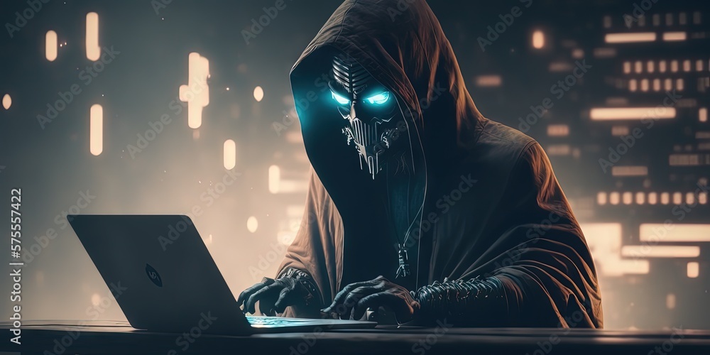 Abstract wolf hacker working on laptop, Technology cyberpunk background ...