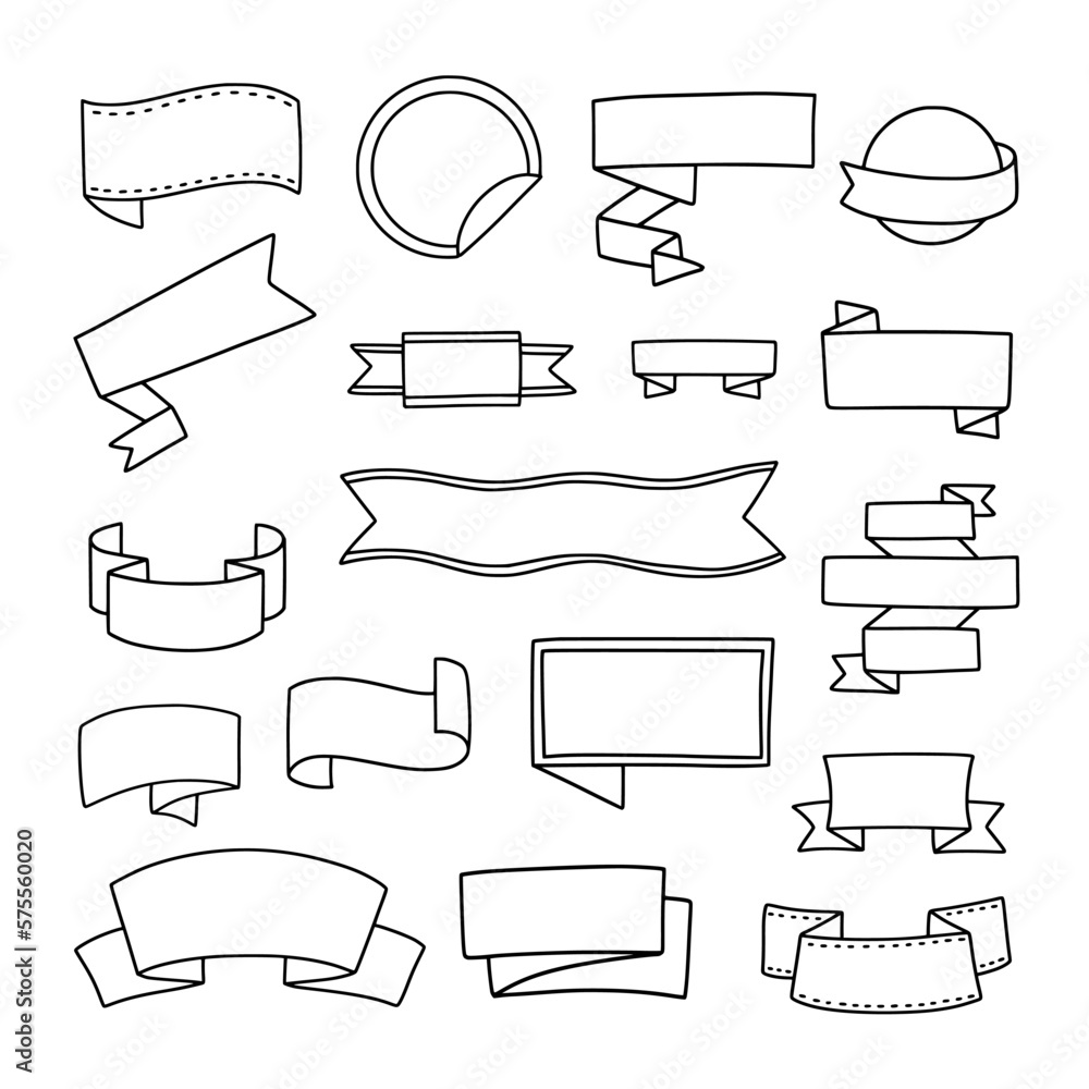 Ribbons vector set. Hand drawn banners and ribbons clipart. Doodle ...