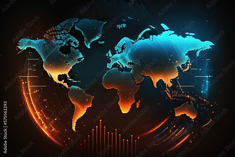 ภาพประกอบสต็อก world map with code. world map and binary code, Global ...