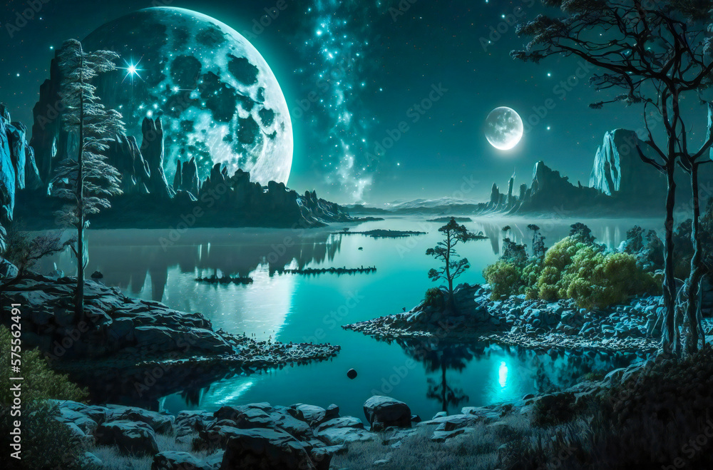 Fantasy alien planet blue landscape with moons rising and reflections ...