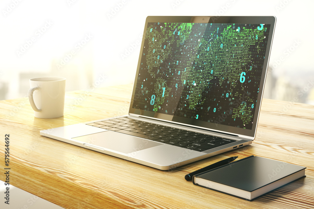 Modern computer display with abstract programming language hologram and ...