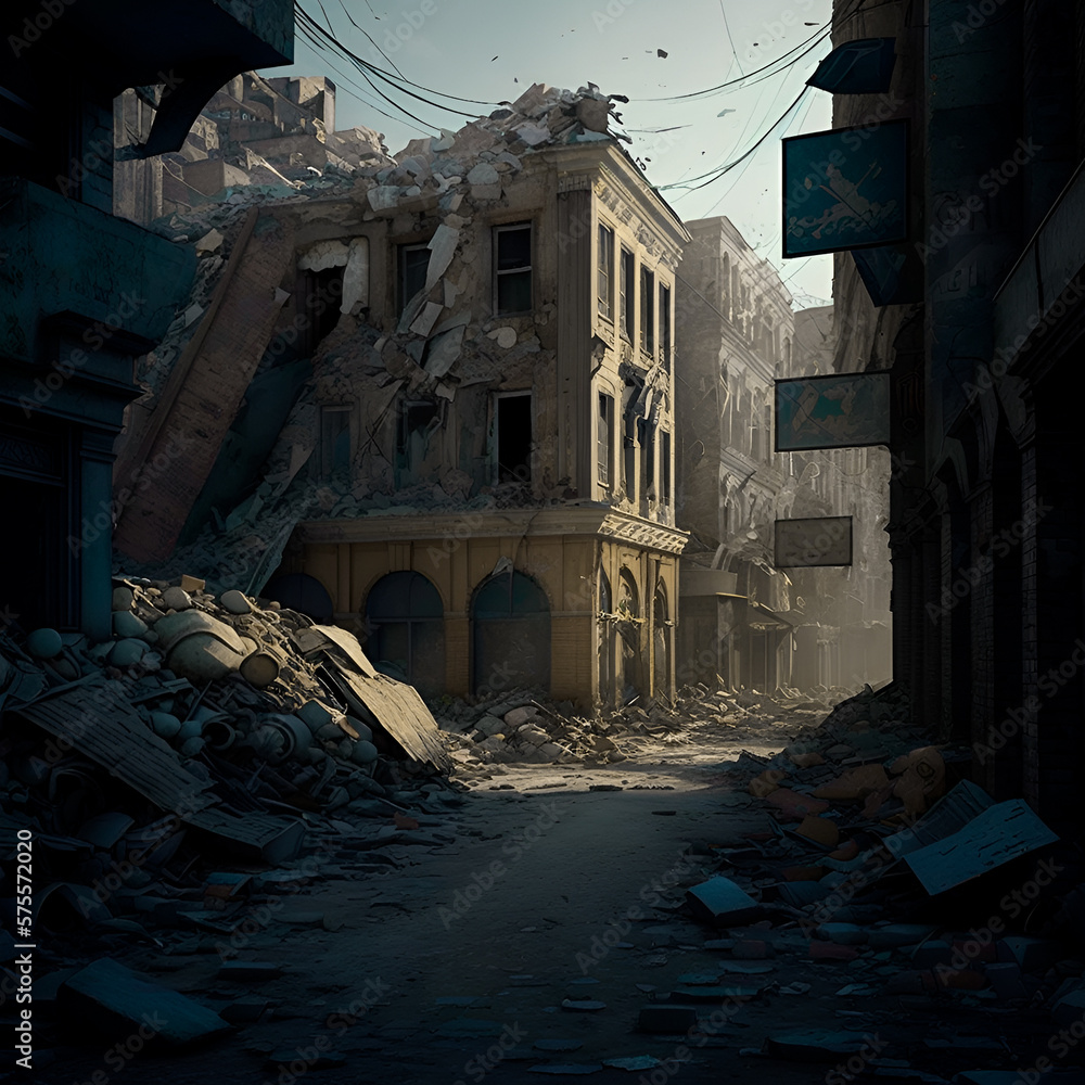 War-torn city with broken buildings. Street of the bombed-out city ...
