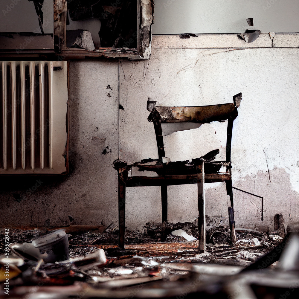 War. A chair in a destroyed room after the bombing. Interior of an old ...