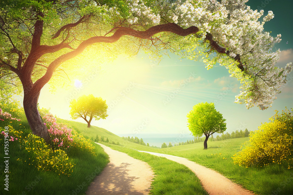 beautiful spring landscape blooming tree with road,blooming tree above ...