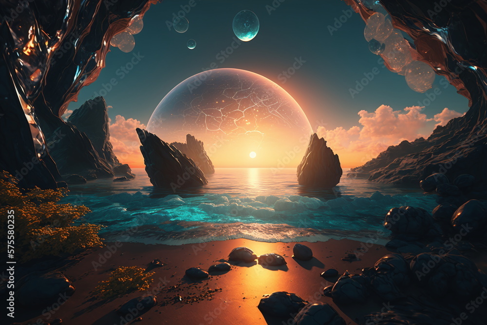 concept of sci-fi world on alien planet with mountain rocks in the ...