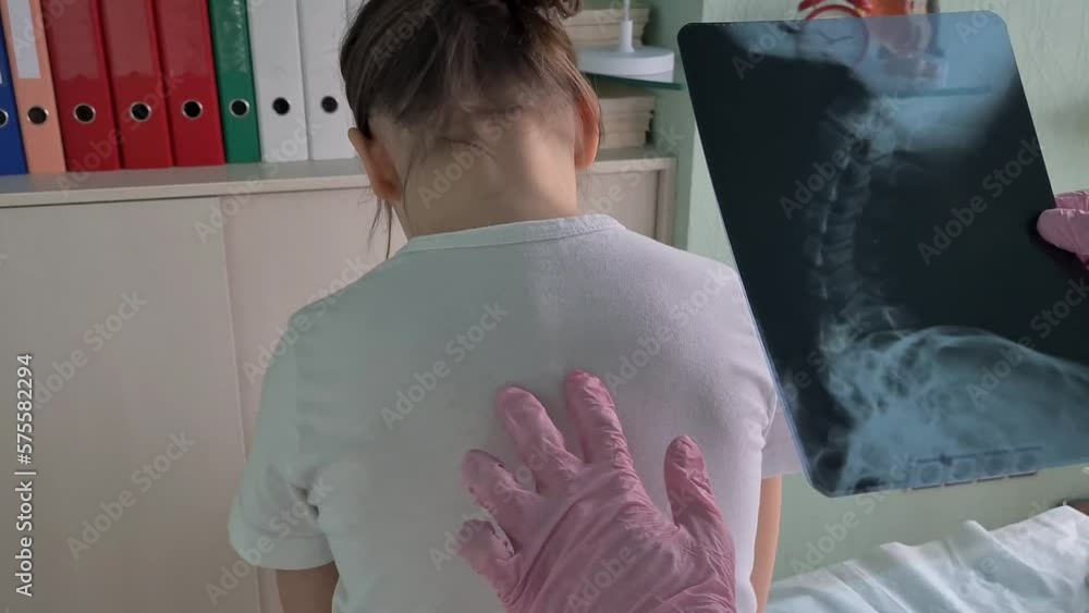 Pediatrician doctor examines x-ray of child spinal deformity. Scoliosis ...