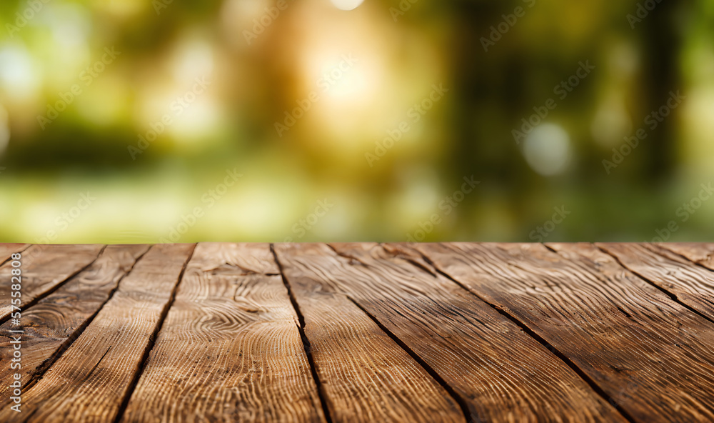 3D Illustration with wooden natural desk and blurry forest background ...