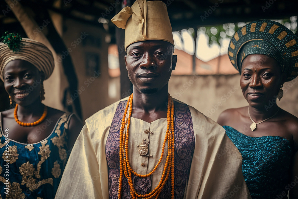 Generative AI. Edo man and two ladies Stock Illustration | Adobe Stock