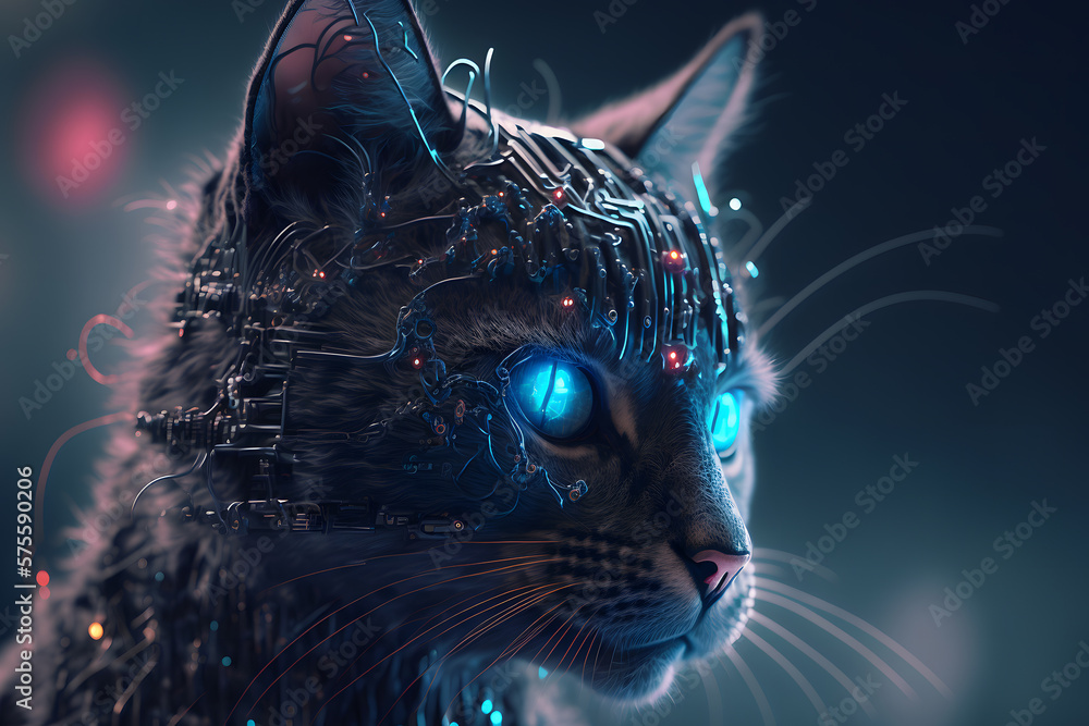 Portrait of a futuristic robot cat. An artistic abstract cyberpunk ...