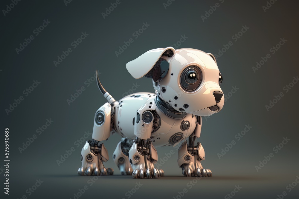 Cute robotic puppy isolated on large empty dark background. Futuristic ...