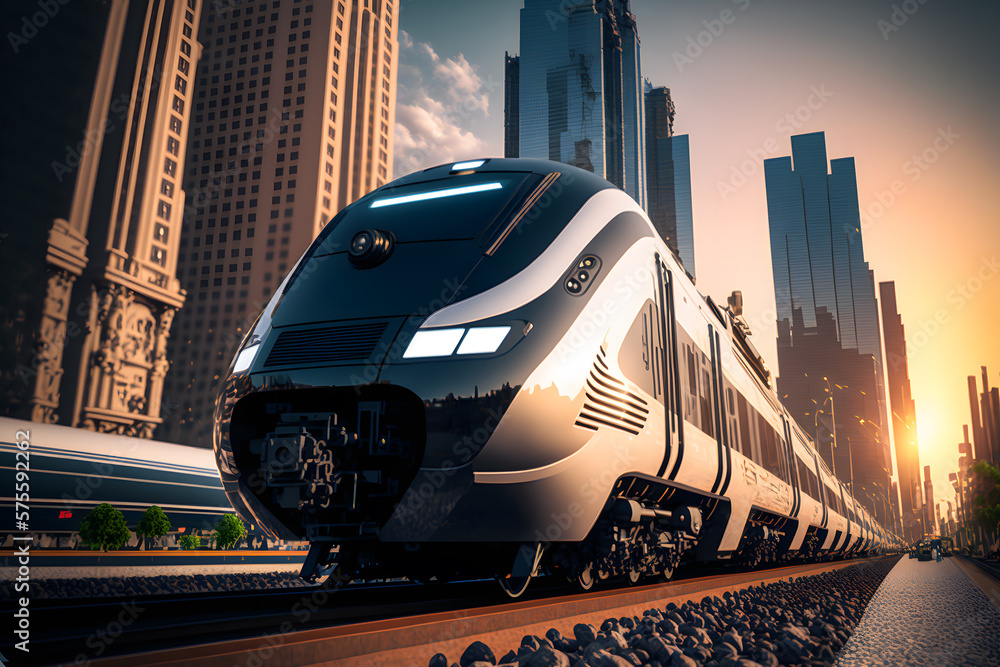 Modern futuristic passenger train in city center. Neural network AI ...
