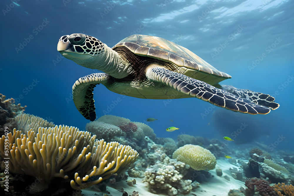 Maldivian Sea Turtle Floating Up And Over Coral reef with beautiful ...