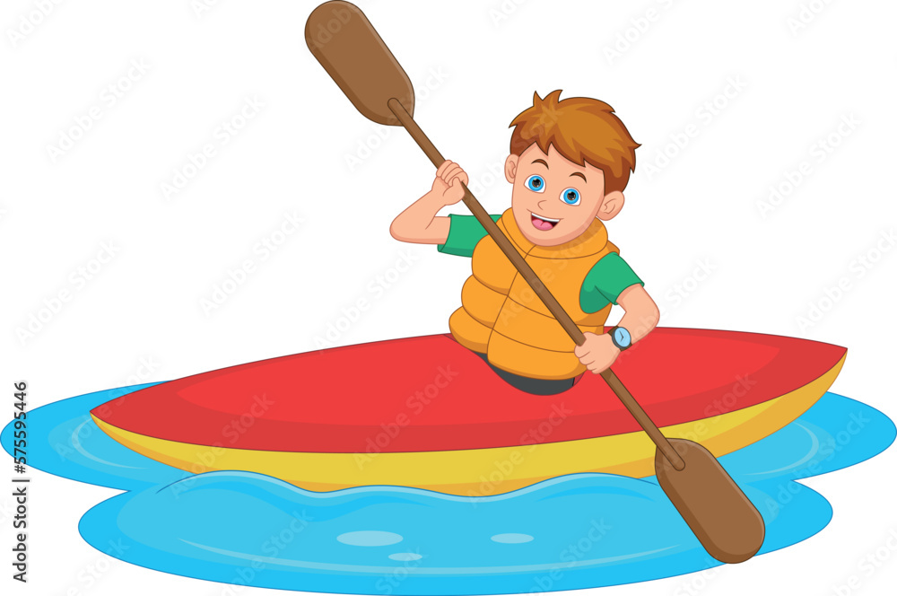 Cartoon Little Boy Rowing a canoe Stock Vector | Adobe Stock