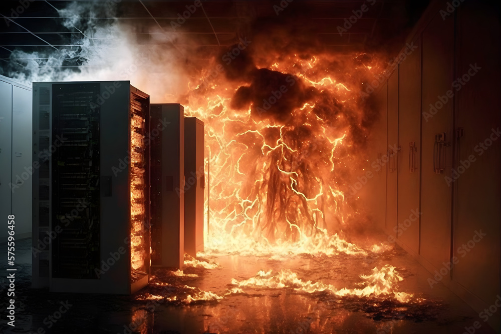 Disaster in server room or data center storage room on fire burning ...