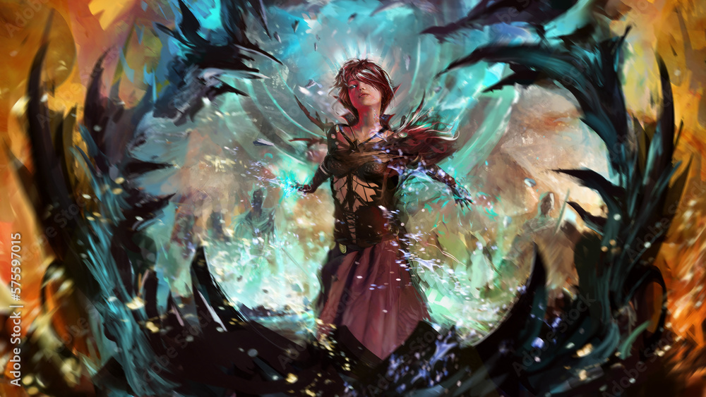 A fire witch with red hair in a beautiful elegant dress creates an army ...