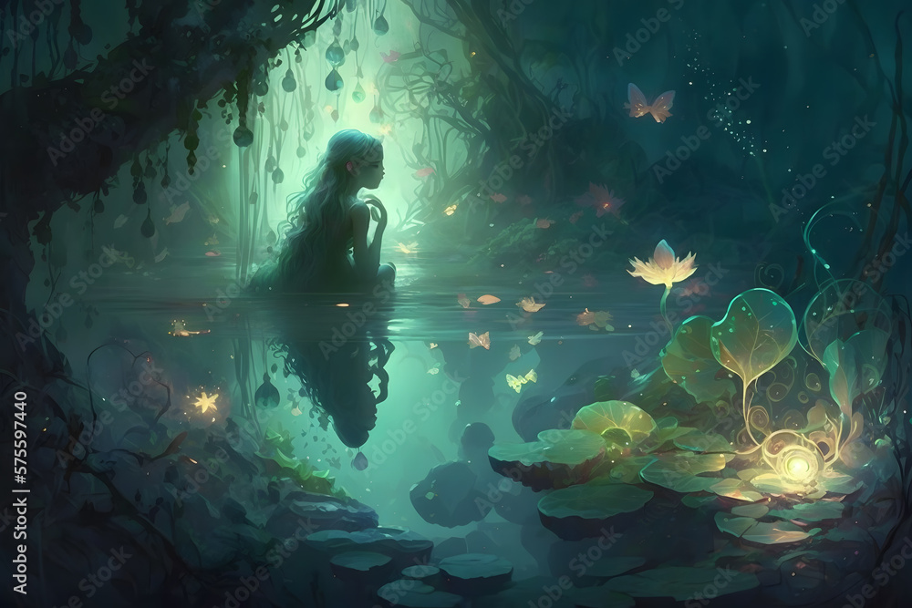 Beautiful young fairytale nymph girl in natural dress in sacred river ...