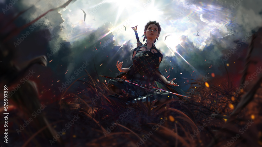 A warrior girl sits in a motivated pose on the battlefield, surrounded ...