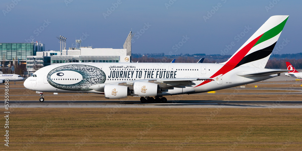Emirates Airbus A380 "Journey to the Future" at Munich Airport Stock ...
