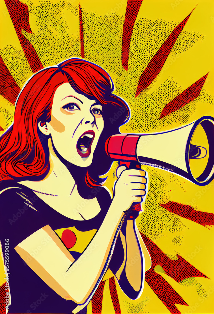Generative AI illustration of pop art woman with megaphone making ...