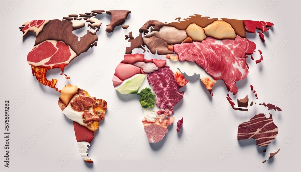 World Map of meat eaters - Various Kinds of Meat on White Background ...