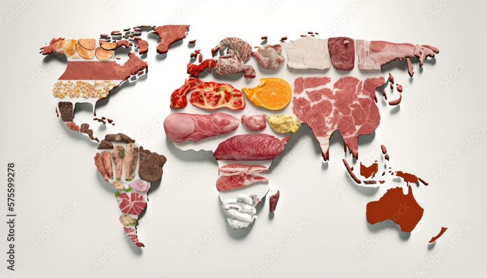 World Map of meat eaters - Various Kinds of Meat on White Background ...