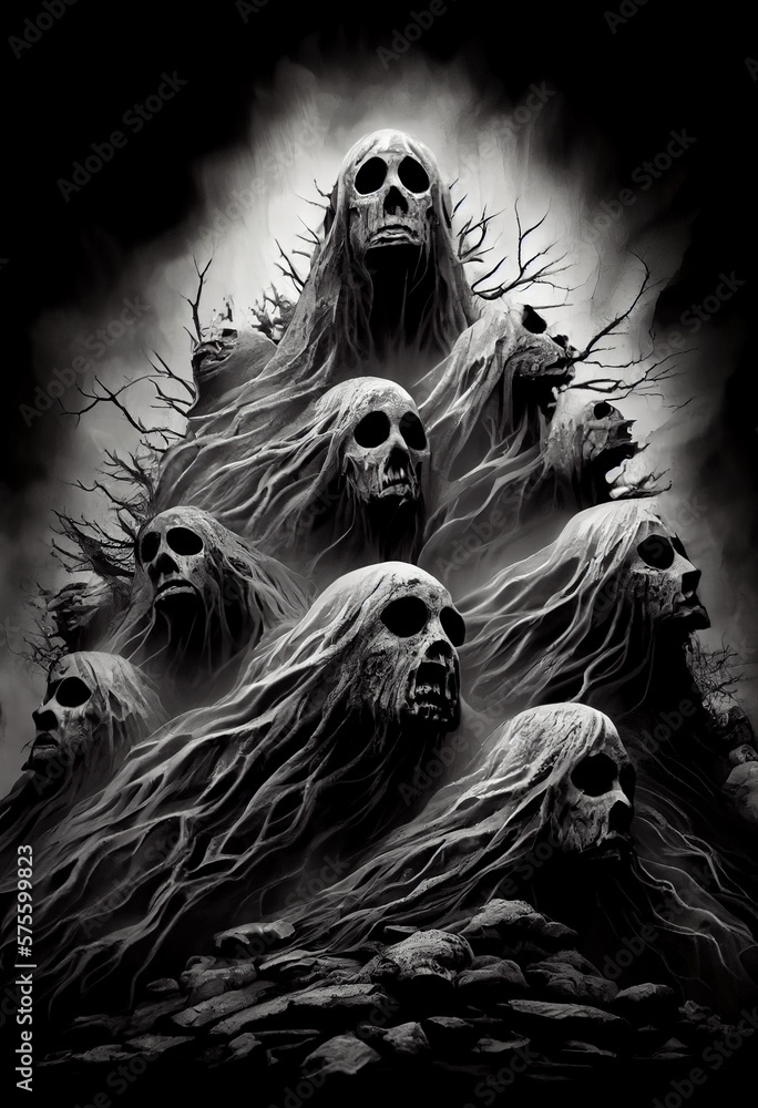 Generative AI illustration of a giant pile of scary creepy ghosts, eerie, spooky, nightmarish ...