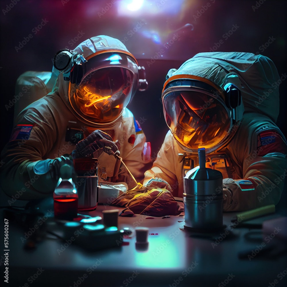 Generative AI illustration of astronauts with space helmets mixing ...