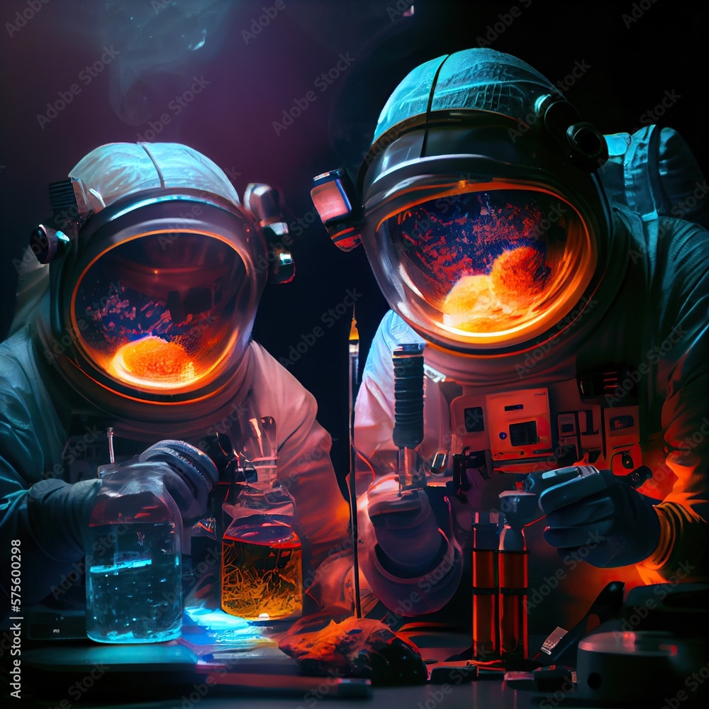 Generative AI illustration of astronauts with space helmets mixing ...