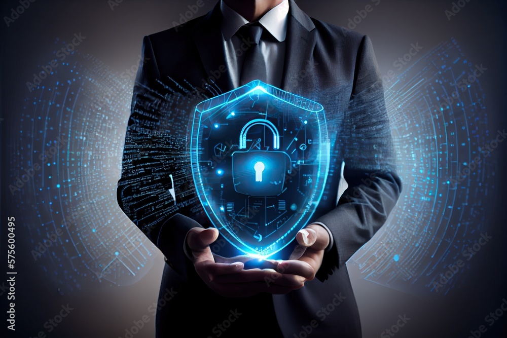 Generative AI illustration of Businessman holding a Shield with a ...