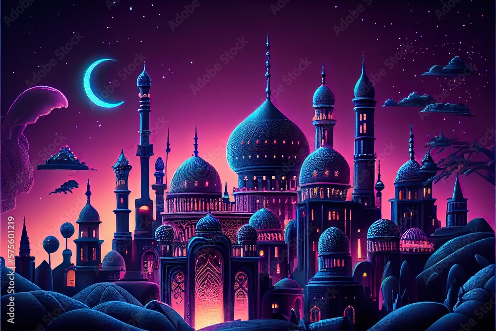 Generative AI illustration of Fairy - tale Arabian night city with ...