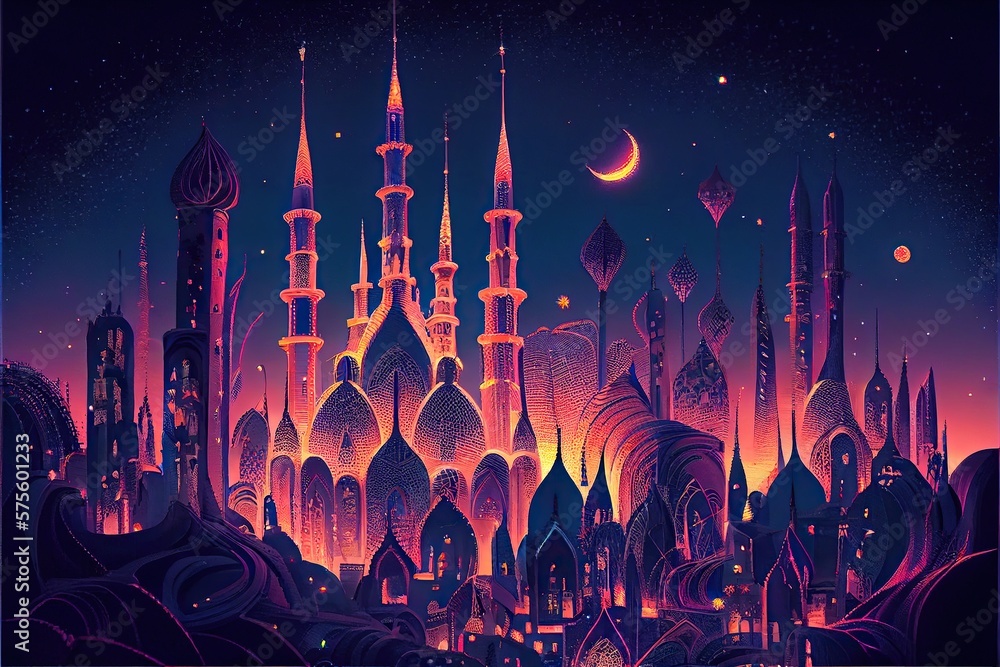 Generative AI illustration of Fairy - tale Arabian night city with ...