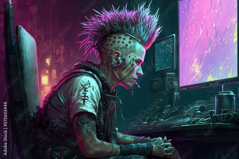 Cyberpunk Hacker with Neon Mohawk and Cybernetic Enhancements ...