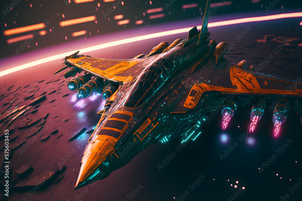 Modern futuristic destroyer jet in neon glowing light. Neural network ...