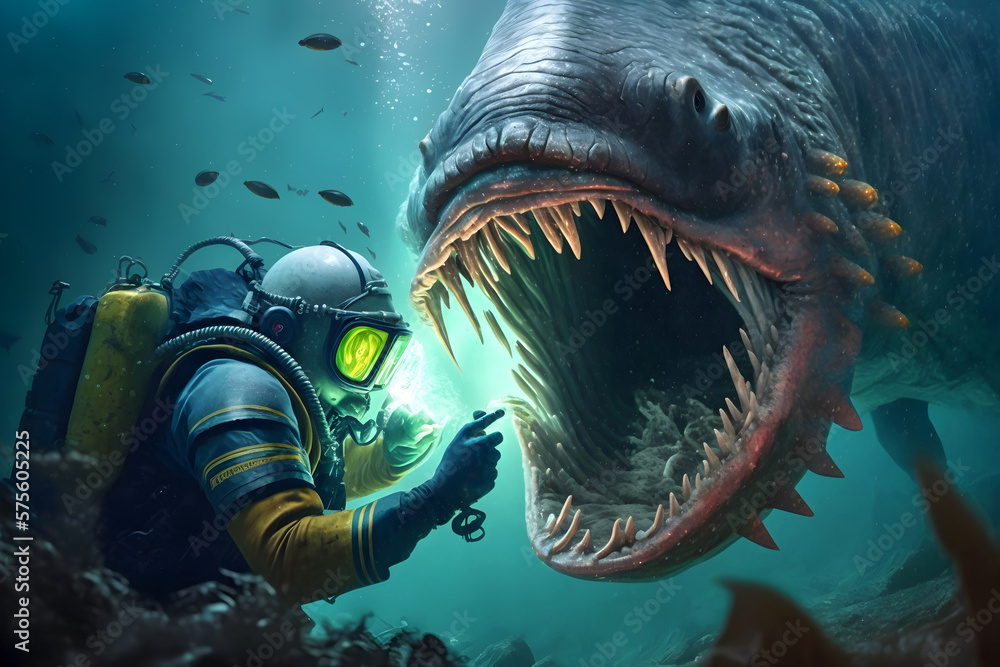 sea monster attacks a clueless diver generative ai illustration Stock ...