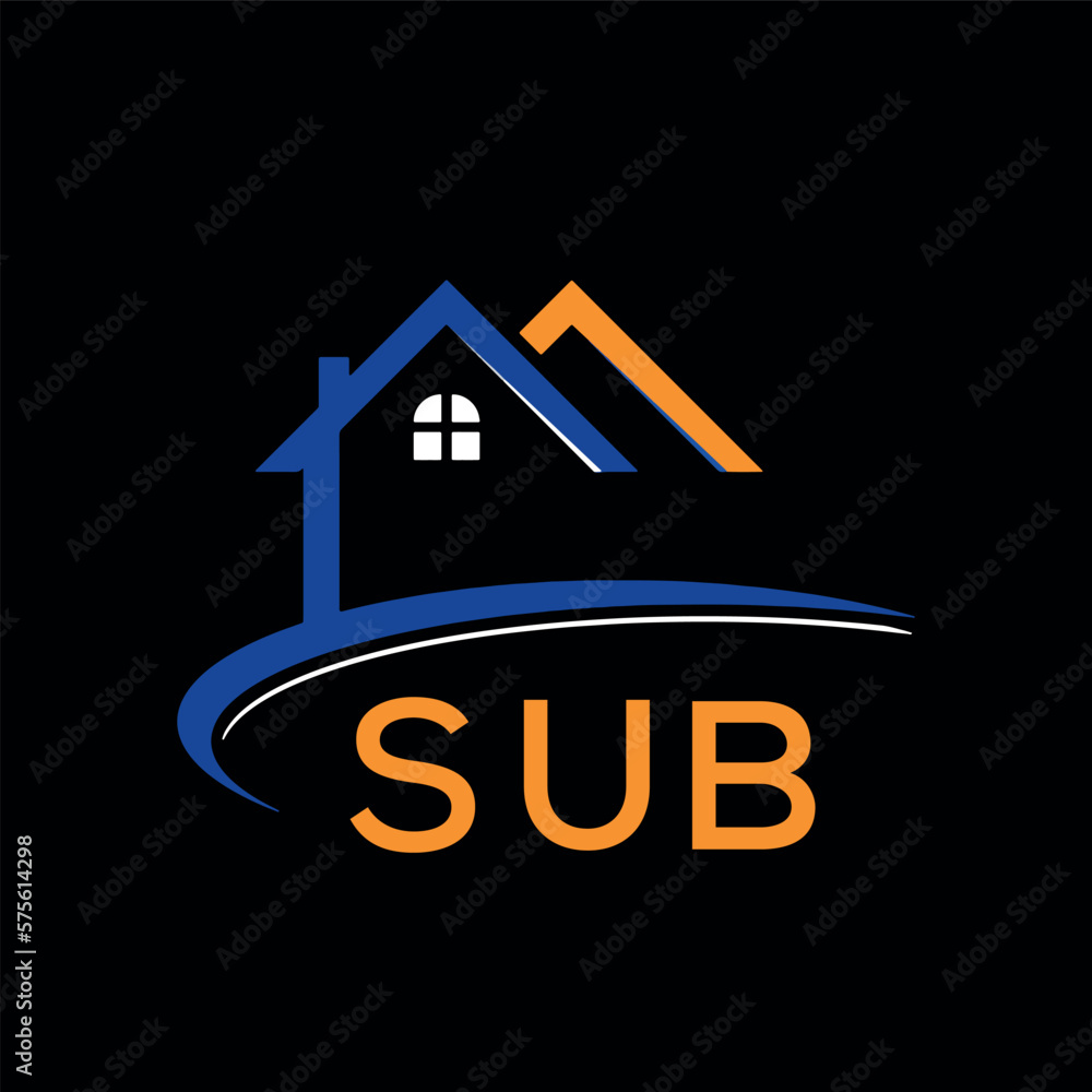 SUB house logo, letter logo. SUB blue image on black background and ...