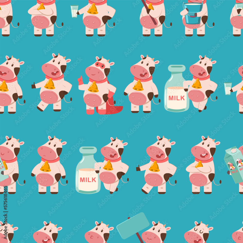 Cute cows vector cartoon seamless pattern background for wallpaper, wrapping, packing, and ...