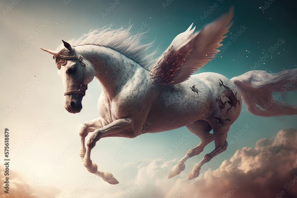 Winged Horse Spreading Its Majestic Wings in the Bright Sky Generative ...