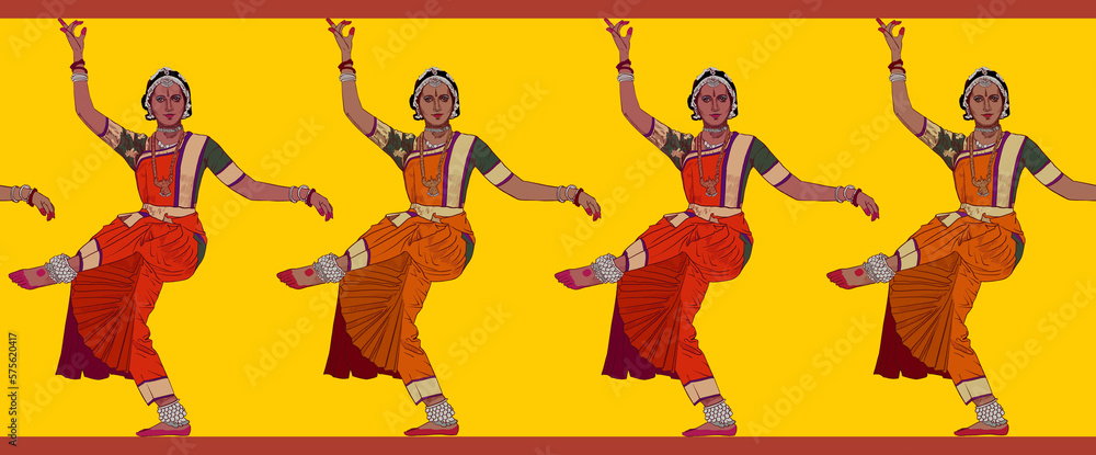 Seamless border with the image of dancing Indian girls. Rhythmic ...